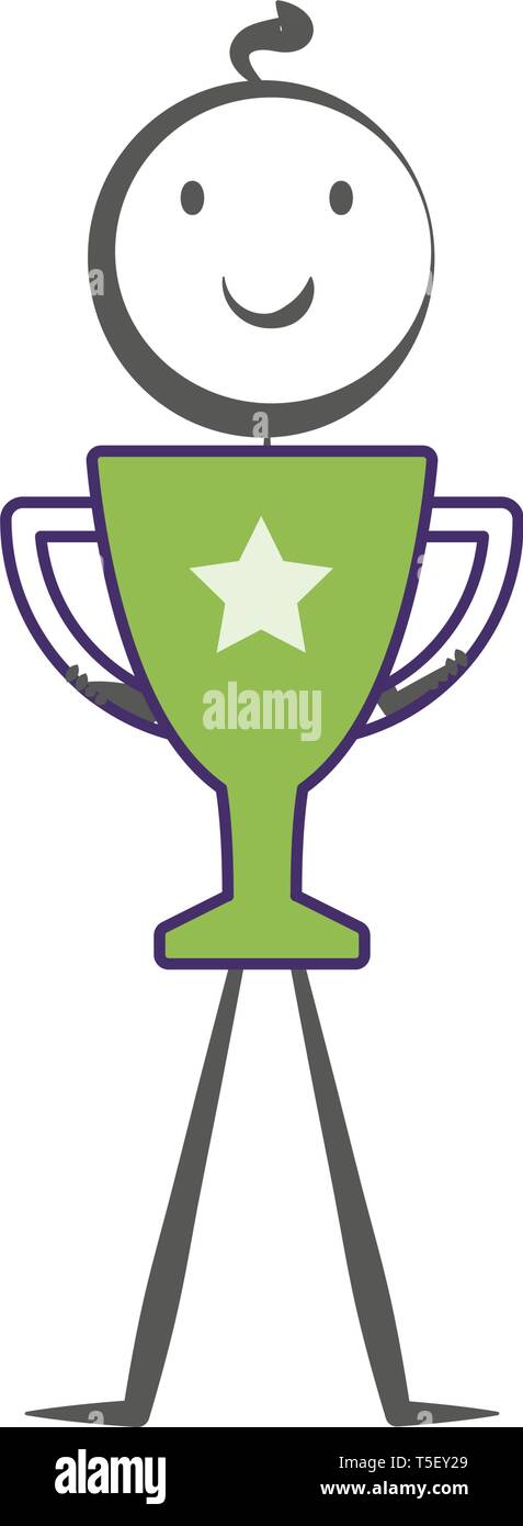 Stick man holds winner cup hand drawn, vector illustration in cartoon ...