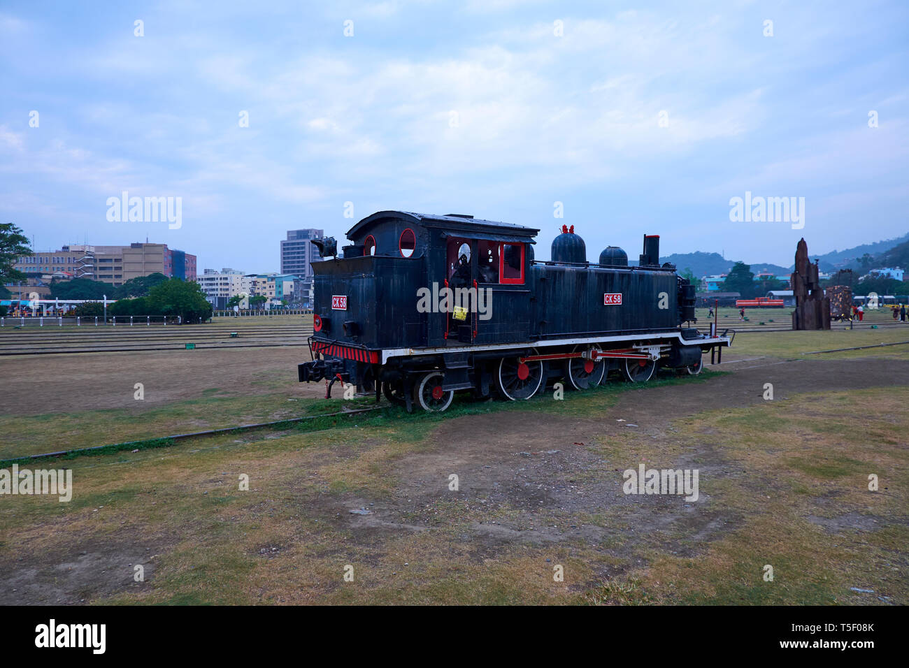 An old train locomotive, part of the sculptures in the Hamasan park in ...