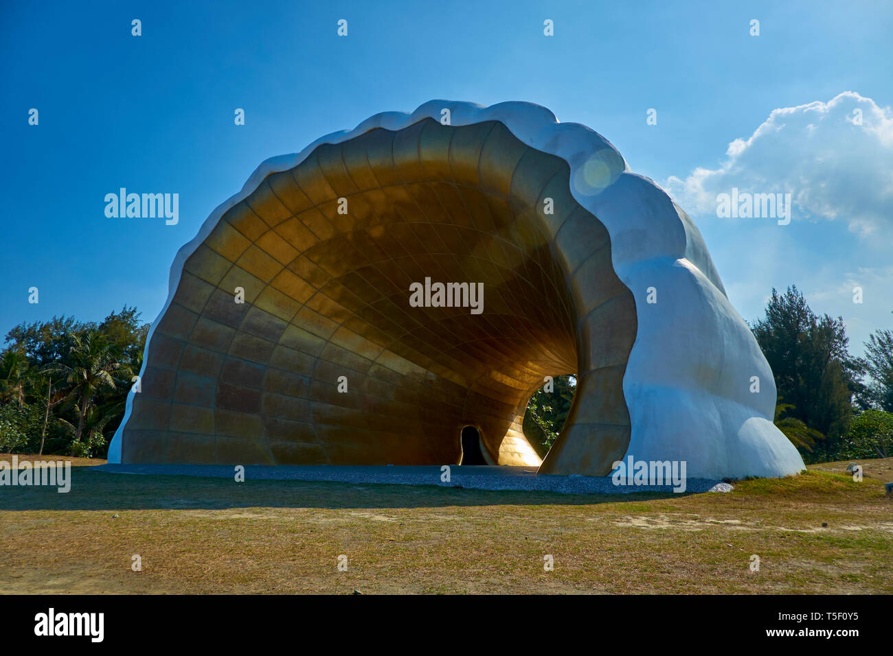 A large shell sculpture, shiny gold on the inside, whitewashed on the ...