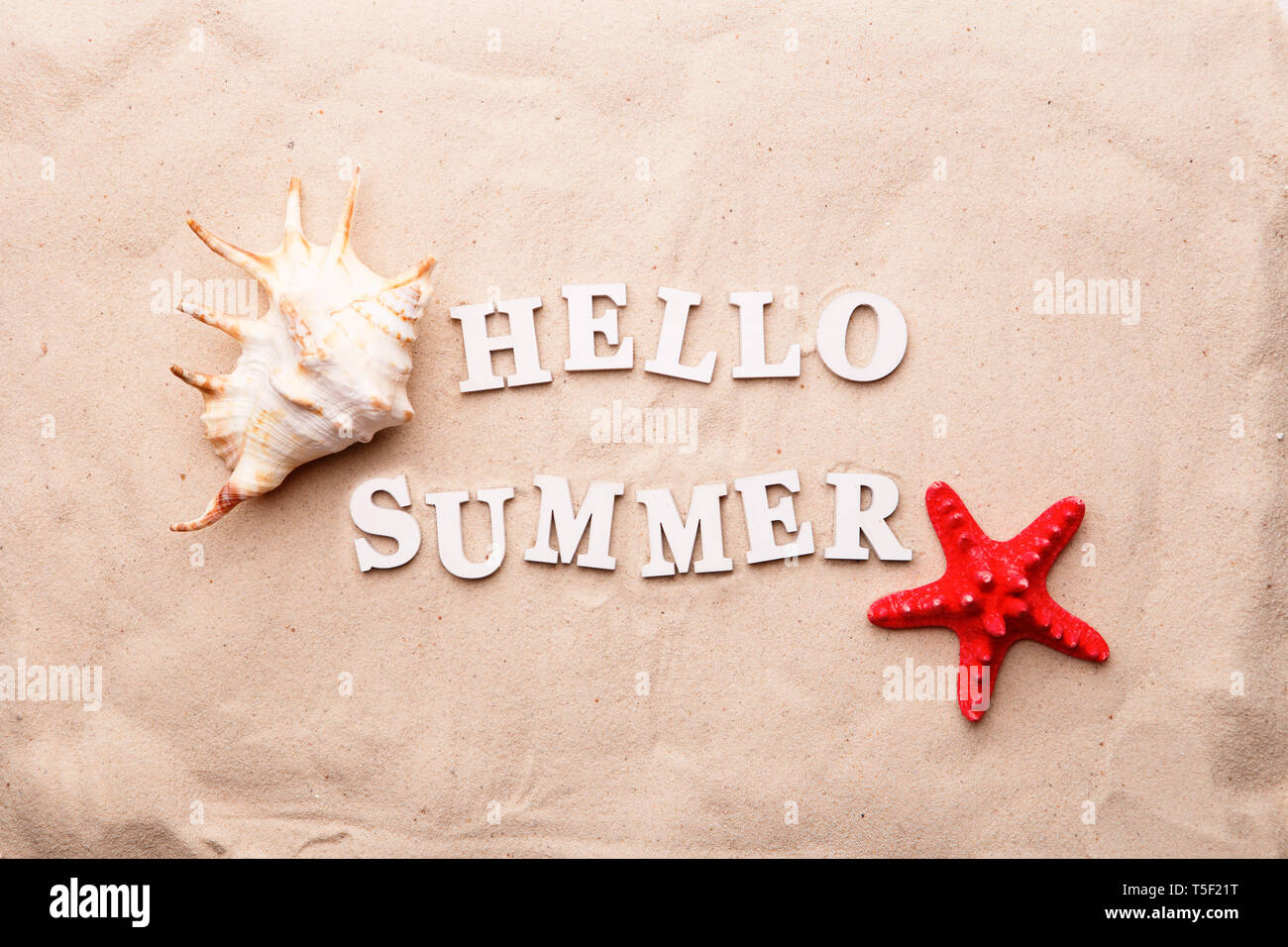 Text Hello Summer from white letters and sea shell and starfish on sand ...