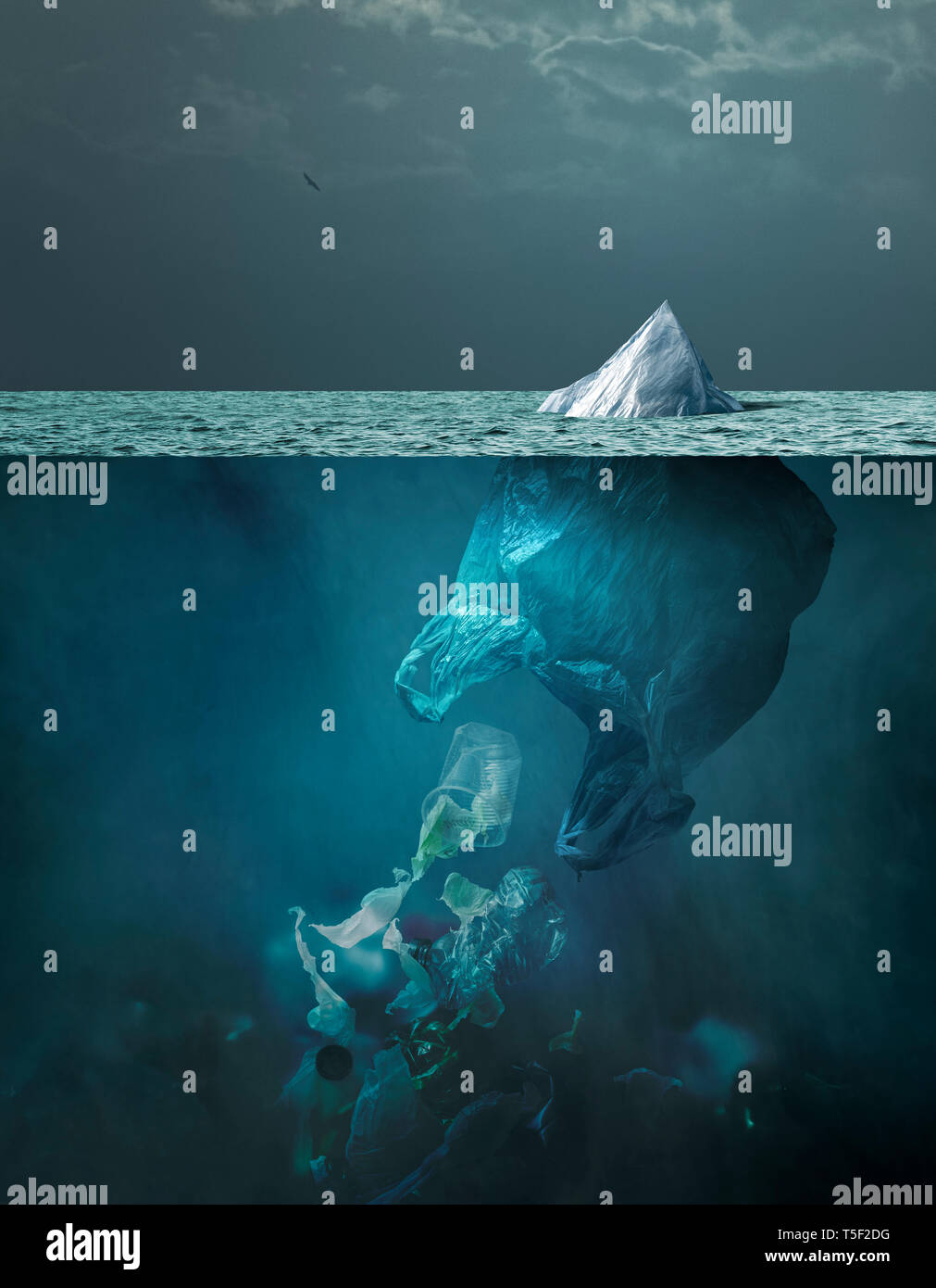 Plastic bag looking like an iceberg melting on the surface of the ocean ...