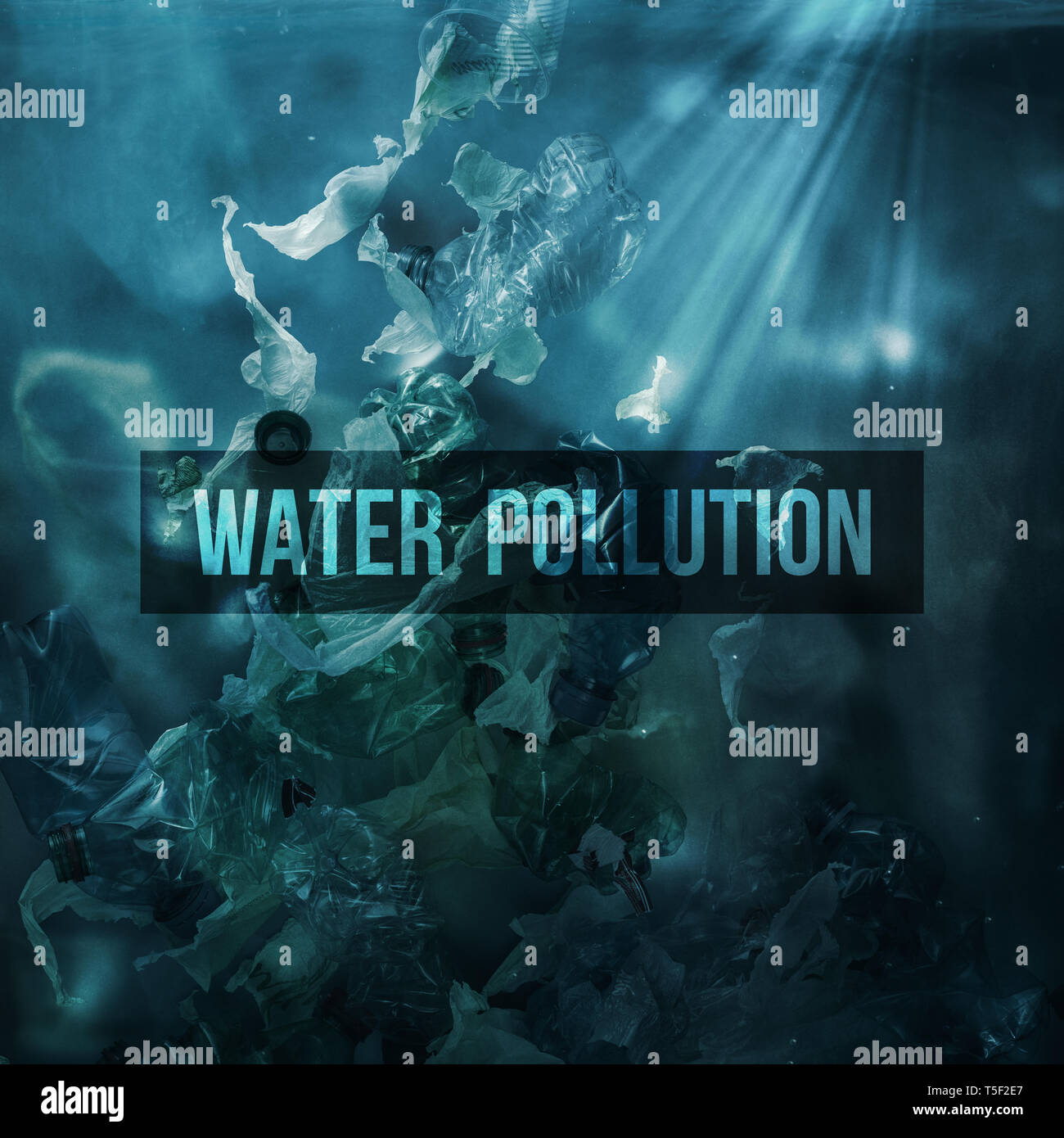 Plastic waste, bags and bottles floating in the ocean water and ...