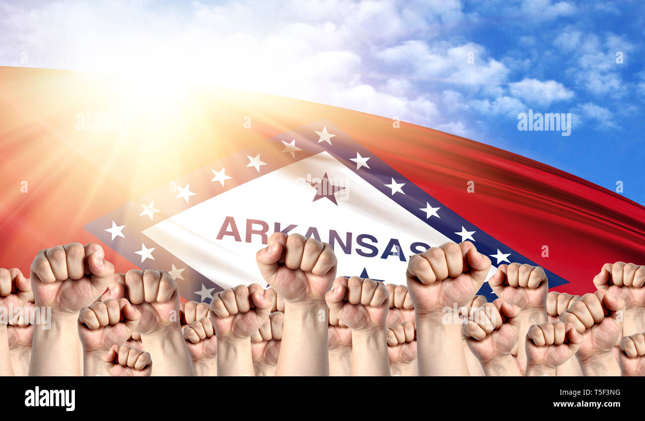 Labor Day concept with fists of men against the background of the flag ...