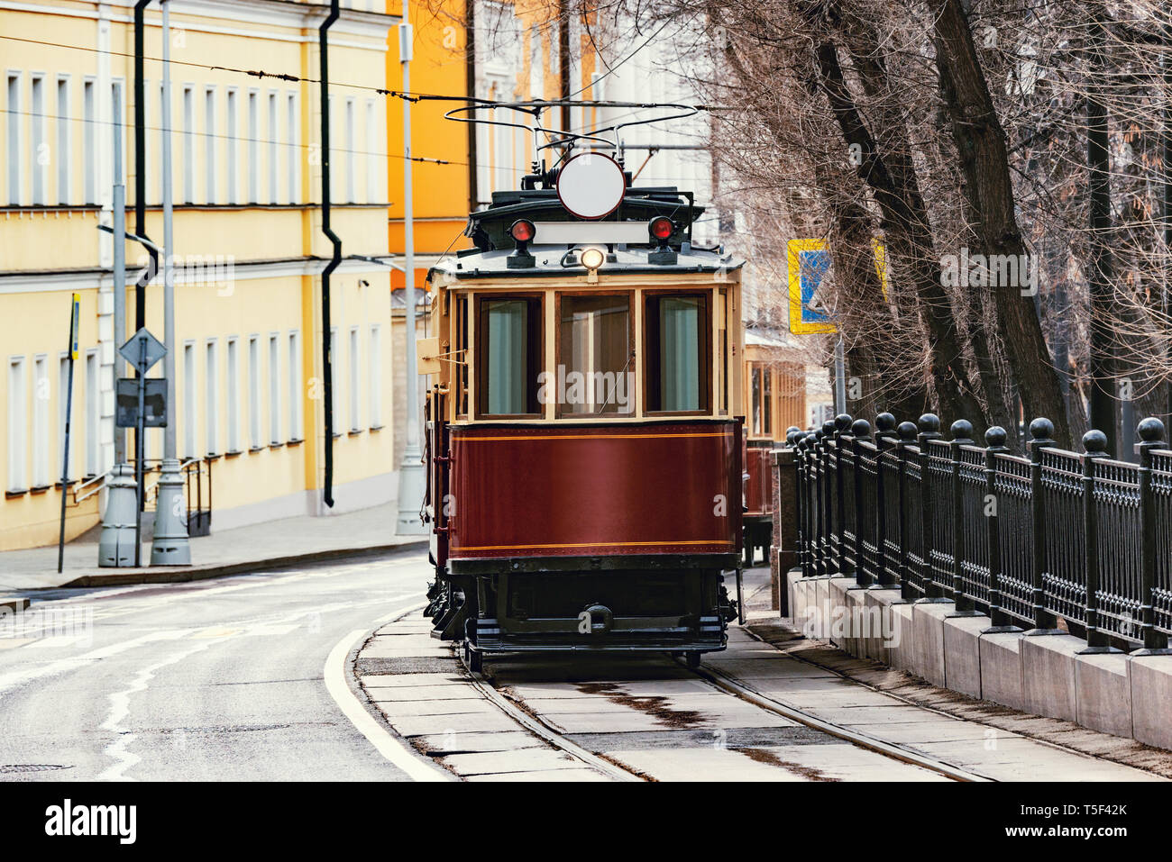 Vintage tram on the town street in the historical city center. Moscow ...