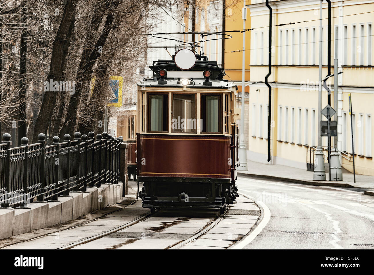 Vintage tram on the town street in the historical city center. Moscow ...