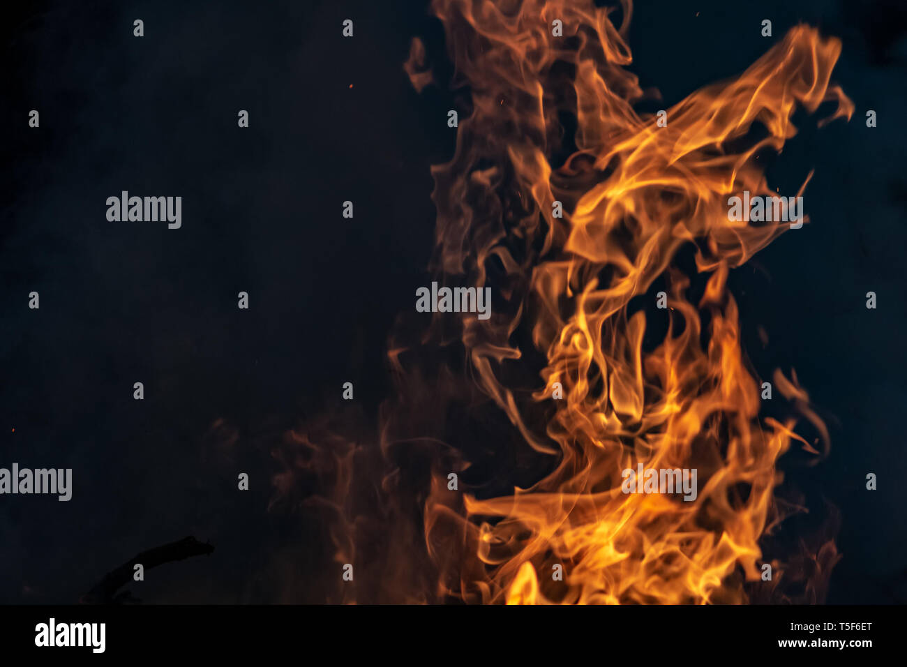 Forest wildfire at night whole area covered by flame and clouds of dark ...