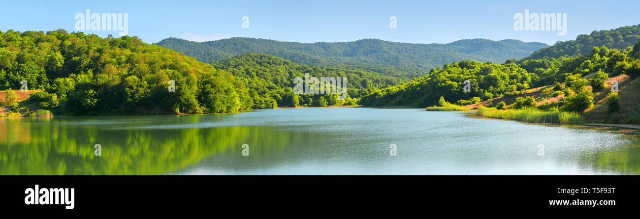 Landscape panorama with forest, mountains and lake.Azerbaijan.Caucasus ...