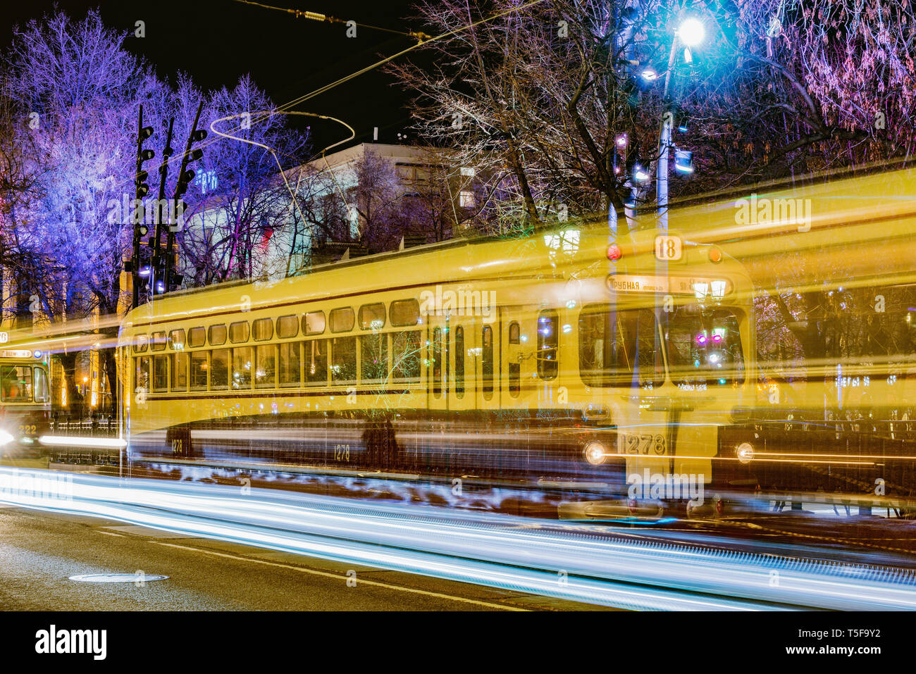 Moscow, Russia - April 17, 2019: Old vintage tramway car on the night ...