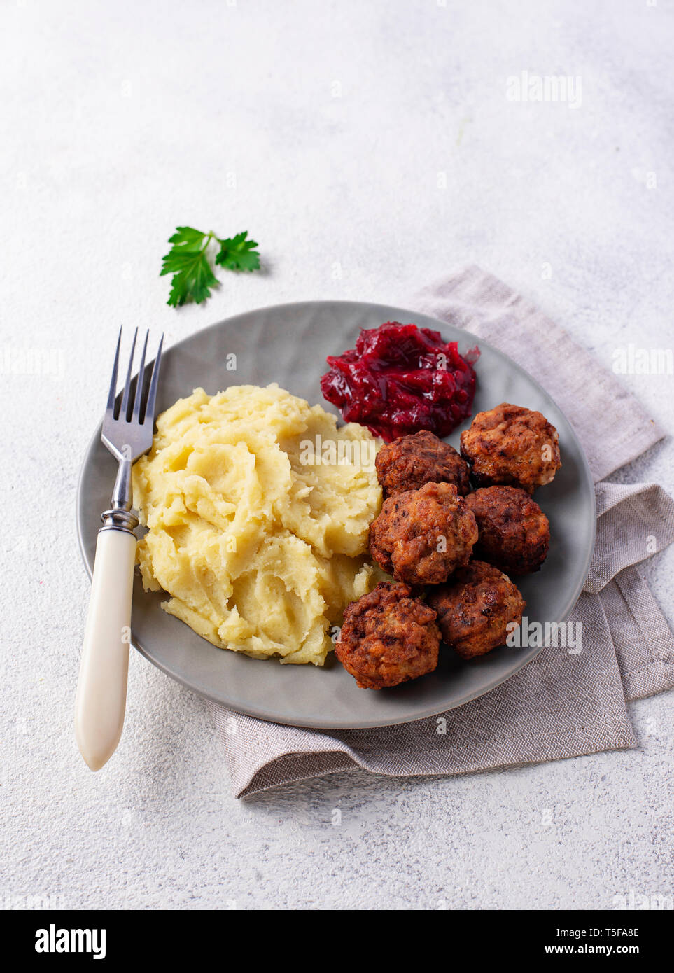 Swedish meatballs with mashed potato Stock Photo - Alamy