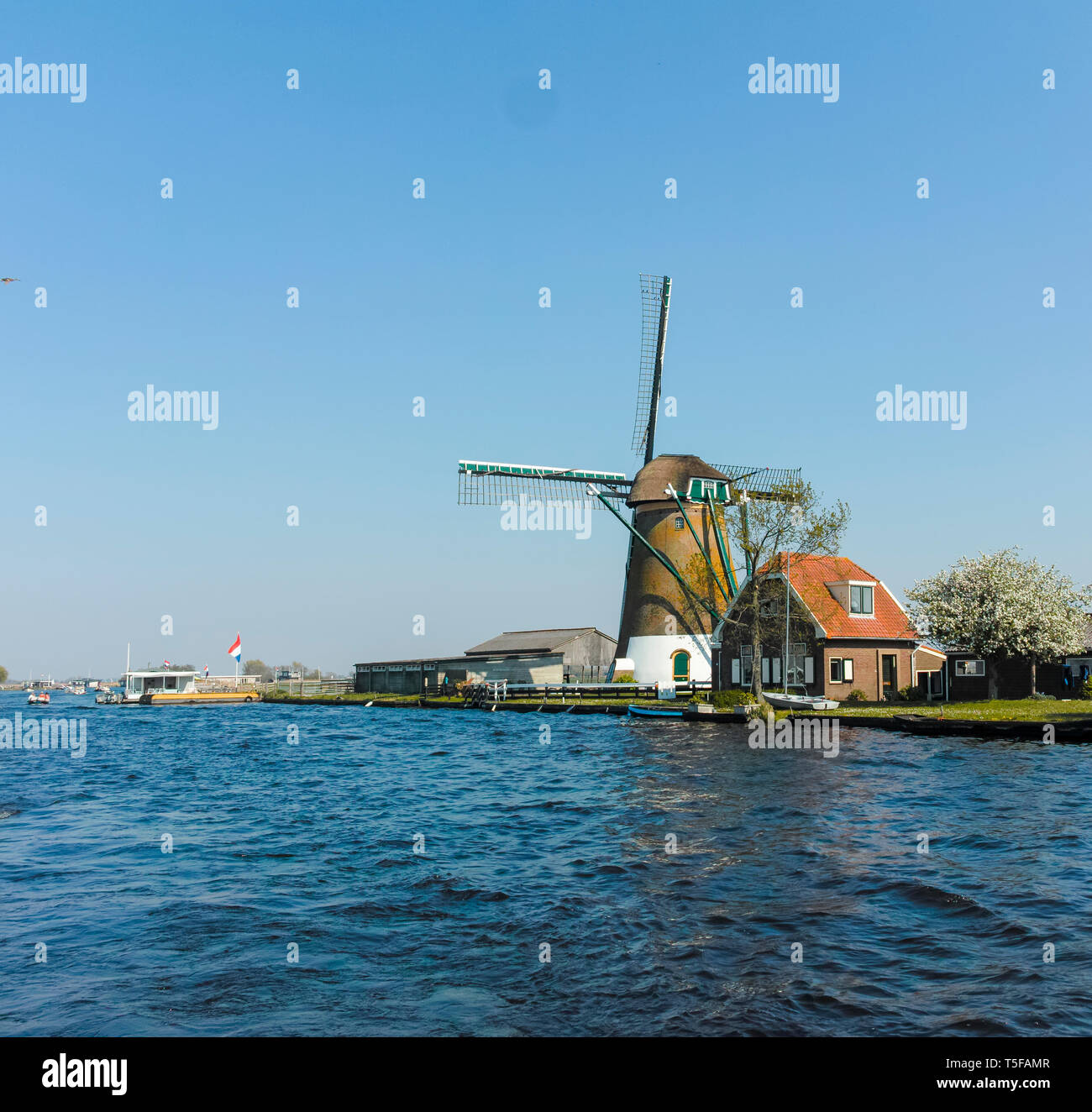 Waterways of North Holland and view on traditional Dutch wind mill ...
