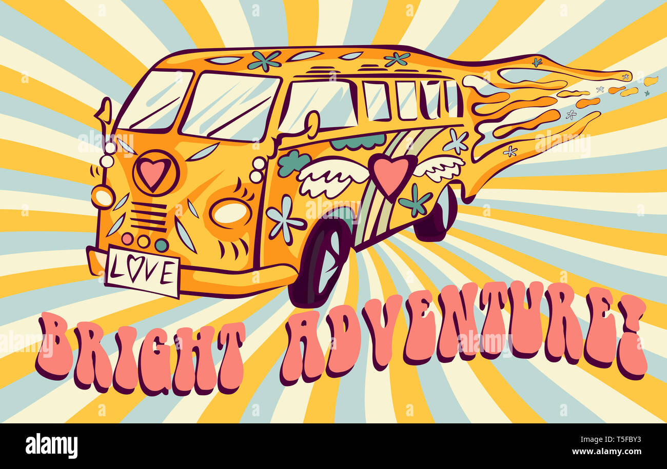 Hippie car, mini van on rays background. Bright adventure poster ...