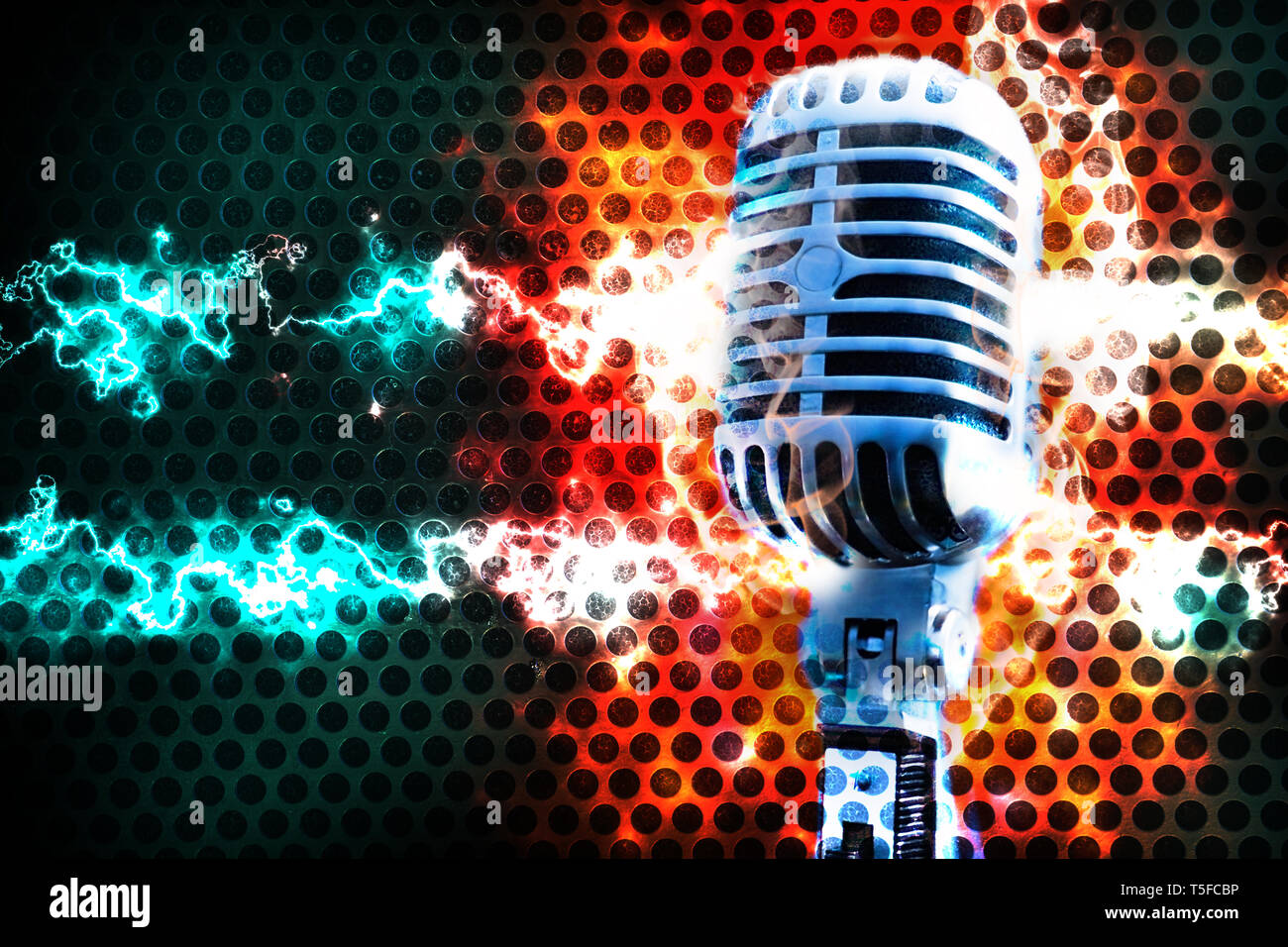 Live music background.Microphone and stage lights. Microphone and stage ...