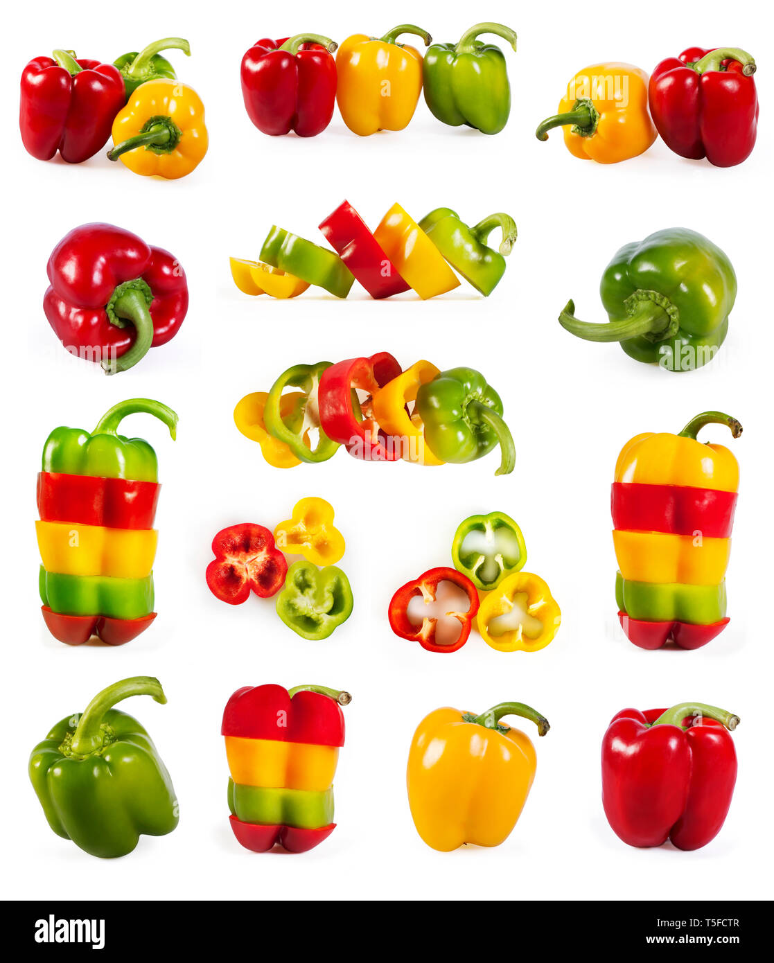 Big collection of red, green and yellow capsicum isolated on white ...