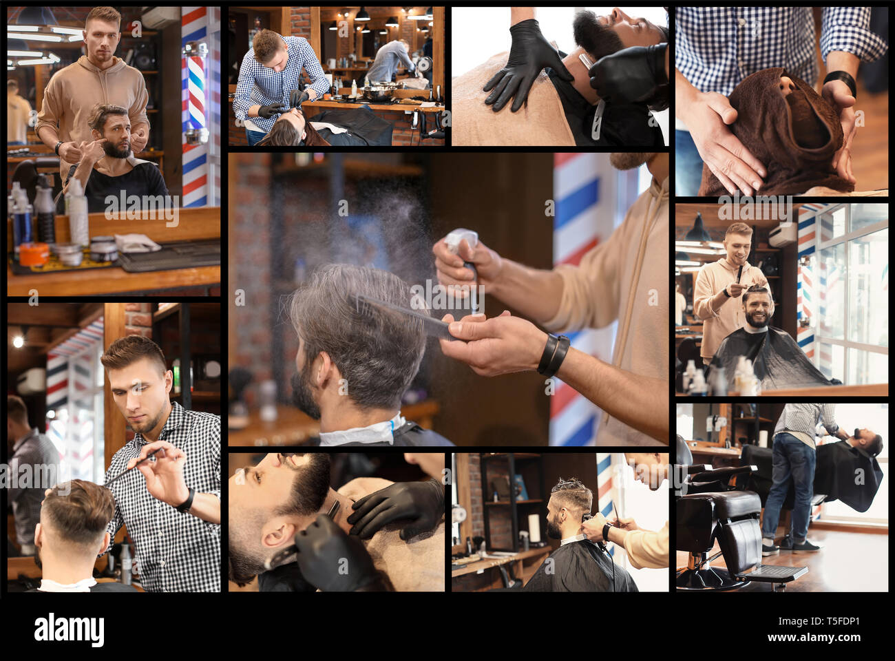 Professional barber working with client in hairdressing salon. Set of ...