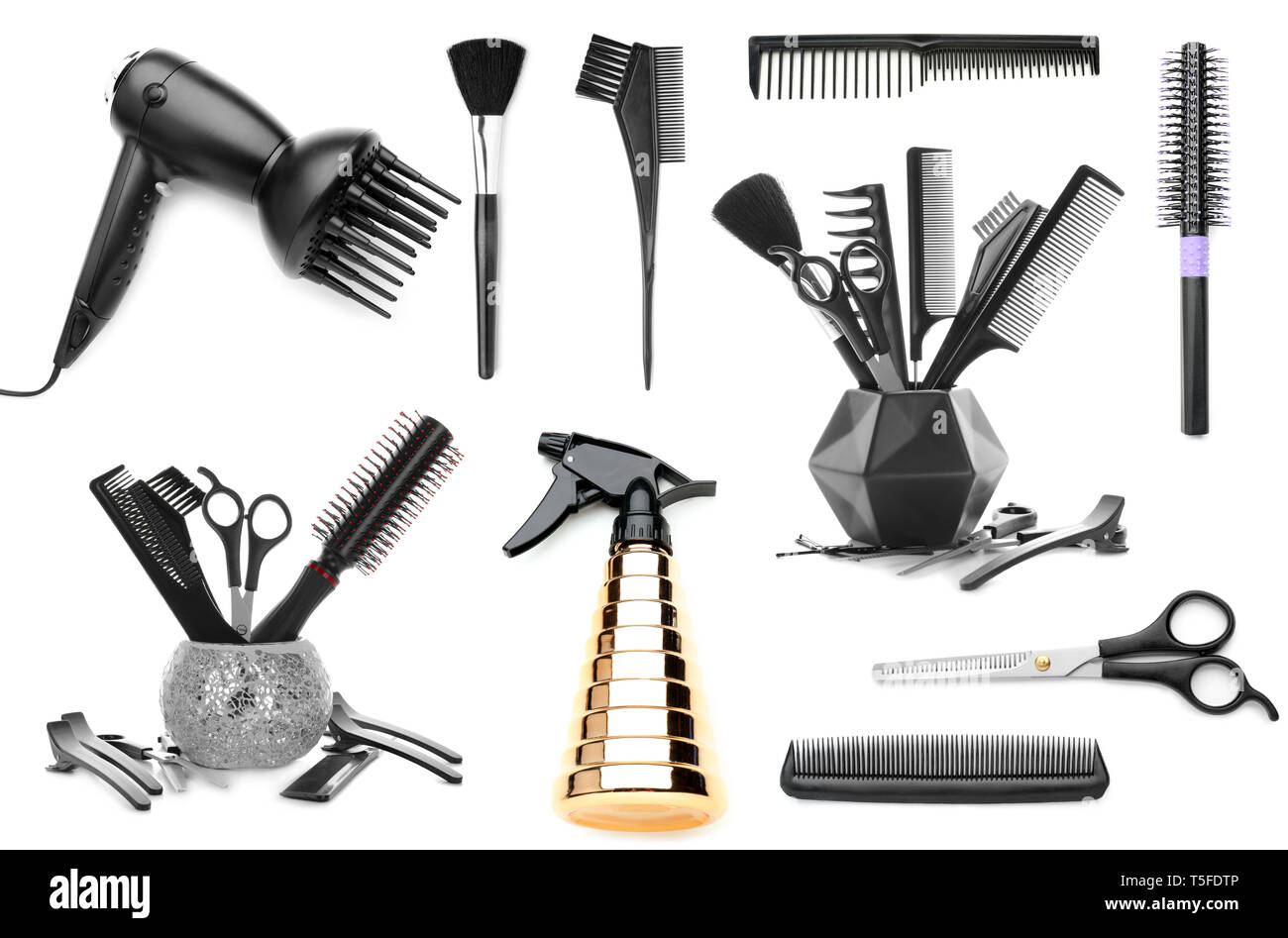 Set of professional hairdresser's supplies on white background Stock ...