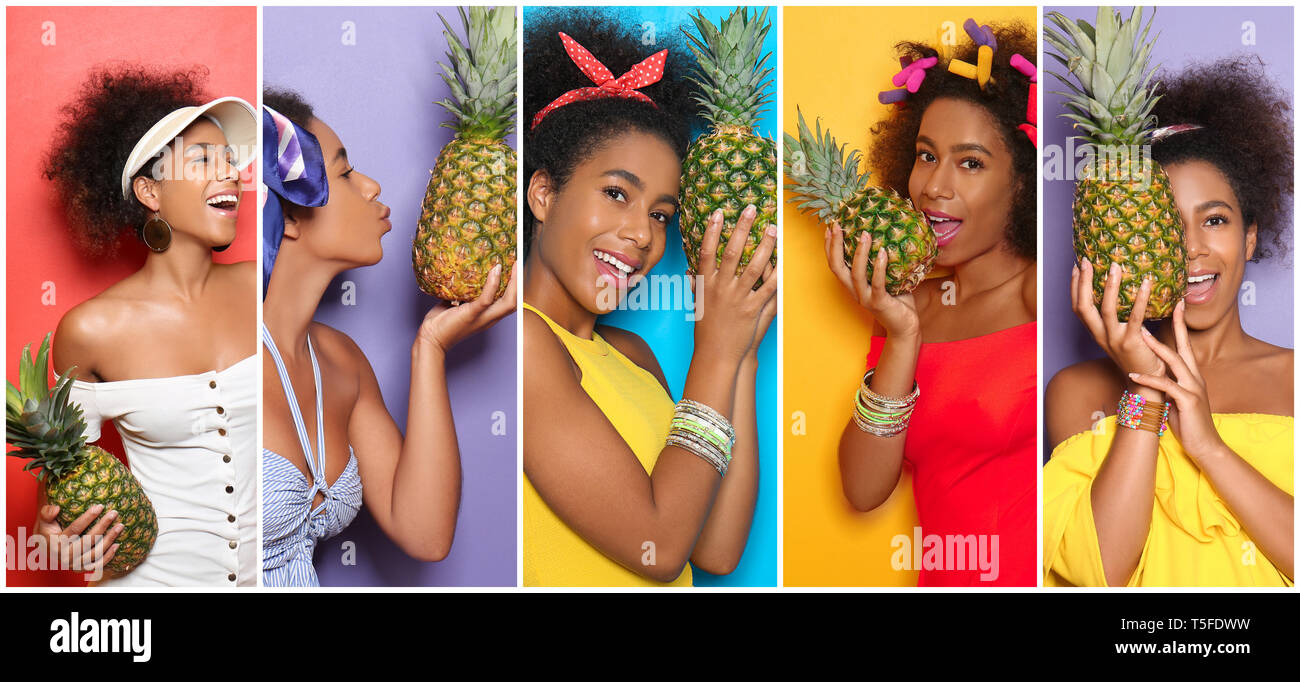 Collage of photos with beautiful African-American woman holding tasty ...