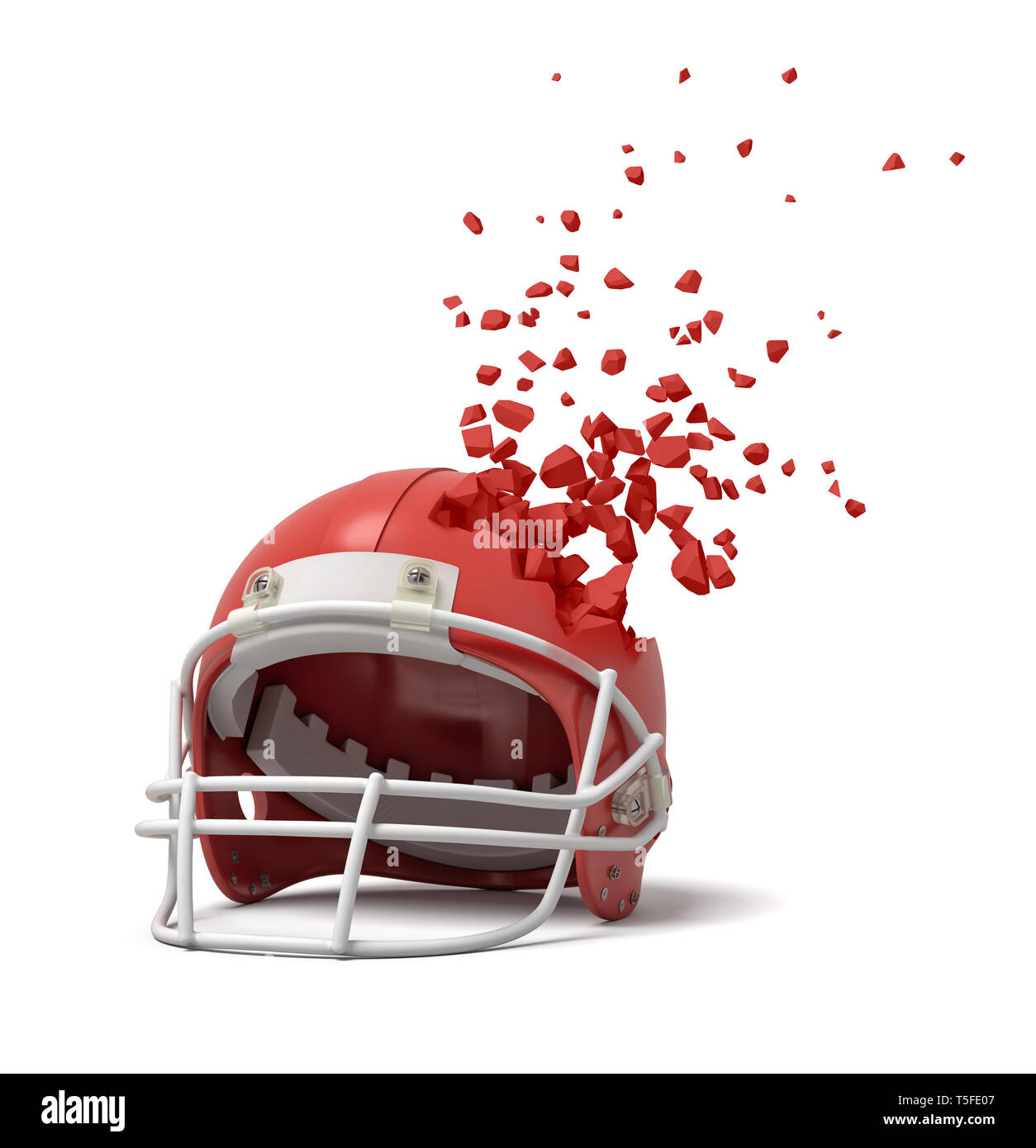3d rendering of a red american football helmet shattering into small ...