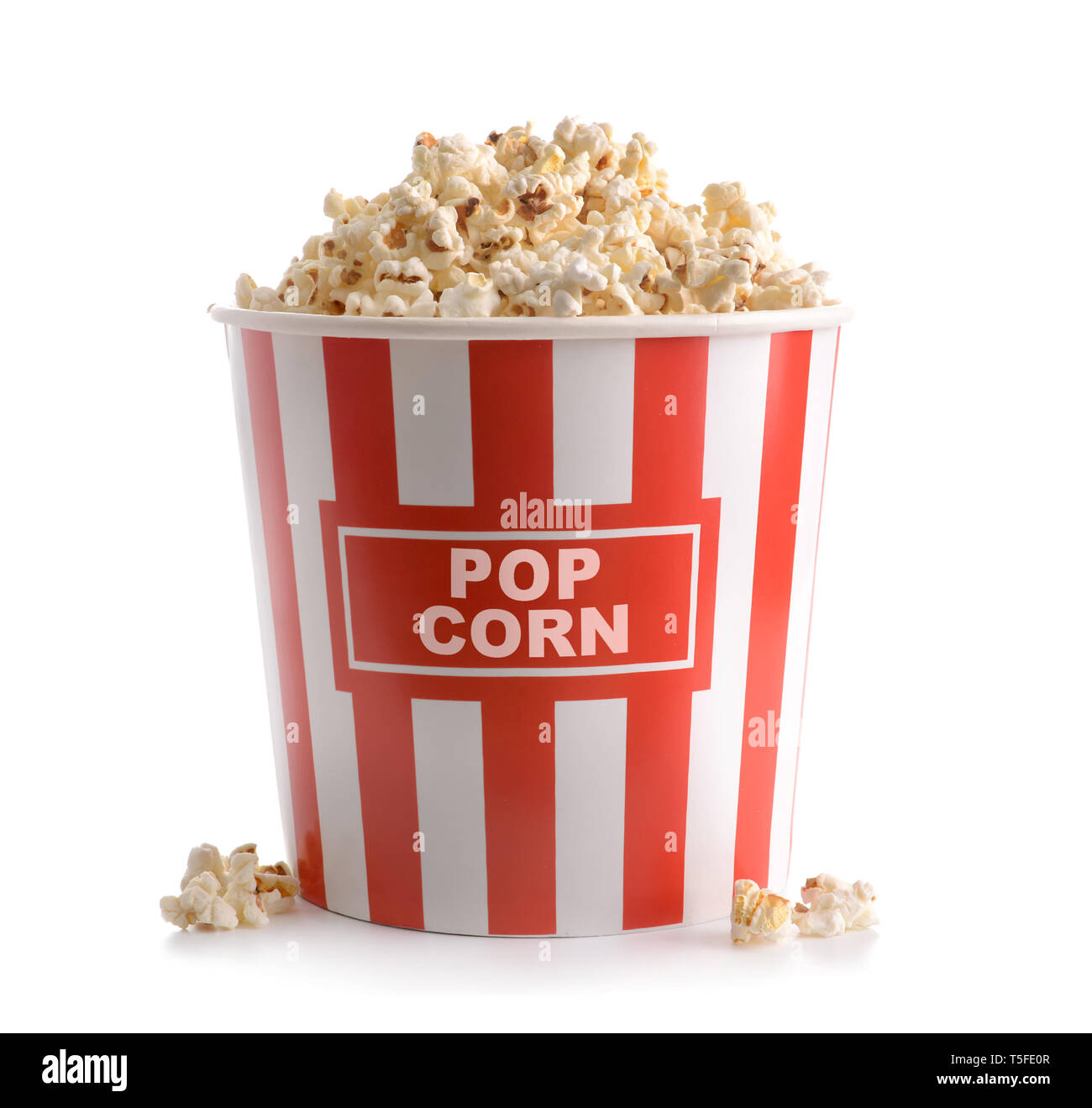 Paper bucket with tasty popcorn on white background Stock Photo - Alamy