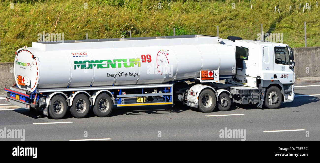 Side & back of Tesco supermarket advertising Momentum 99 brand petrol ...
