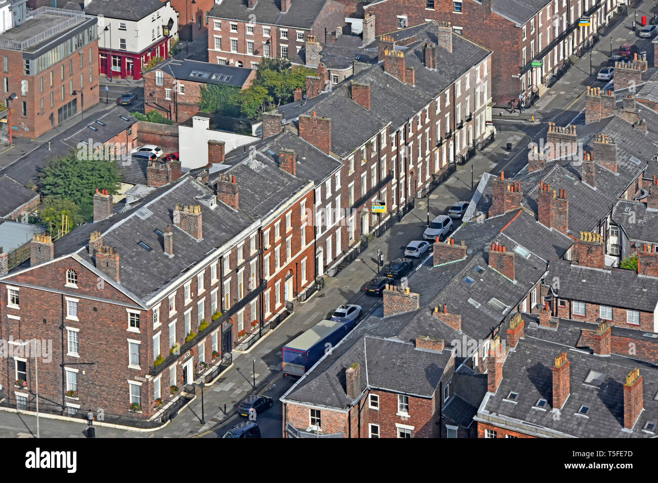 Aerial birds eye street scene view of row1700s Georgian terraced houses ...