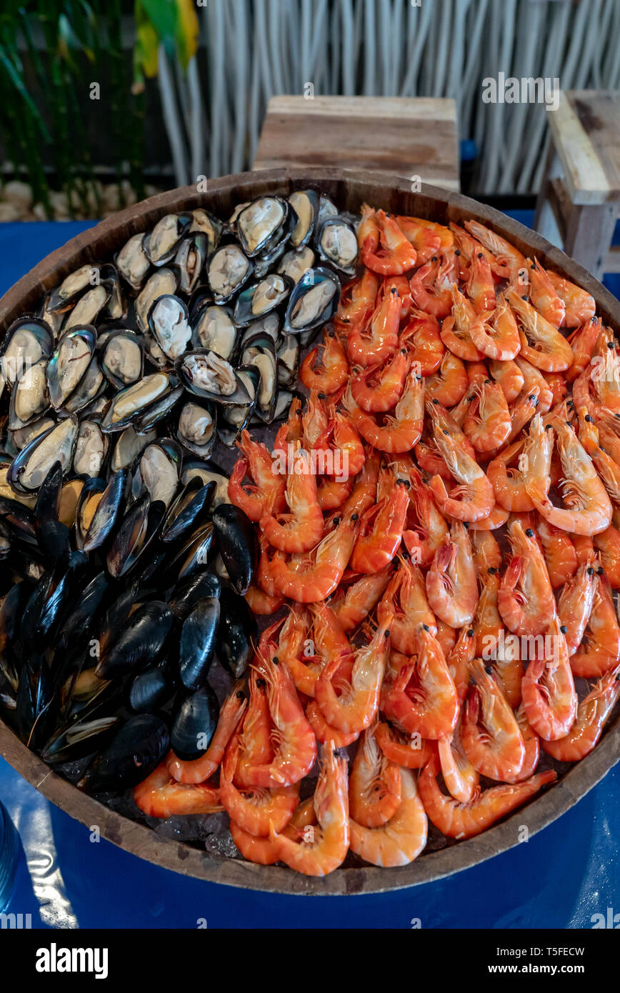 Red Shrimp Green Mussel and Black Mussel in Seafood on ice buffet bar ...