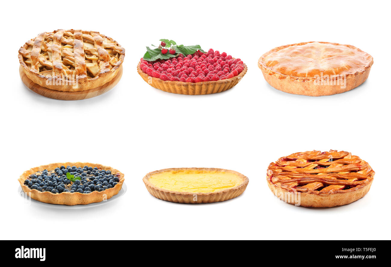 Different tasty fruit pies on white background Stock Photo - Alamy