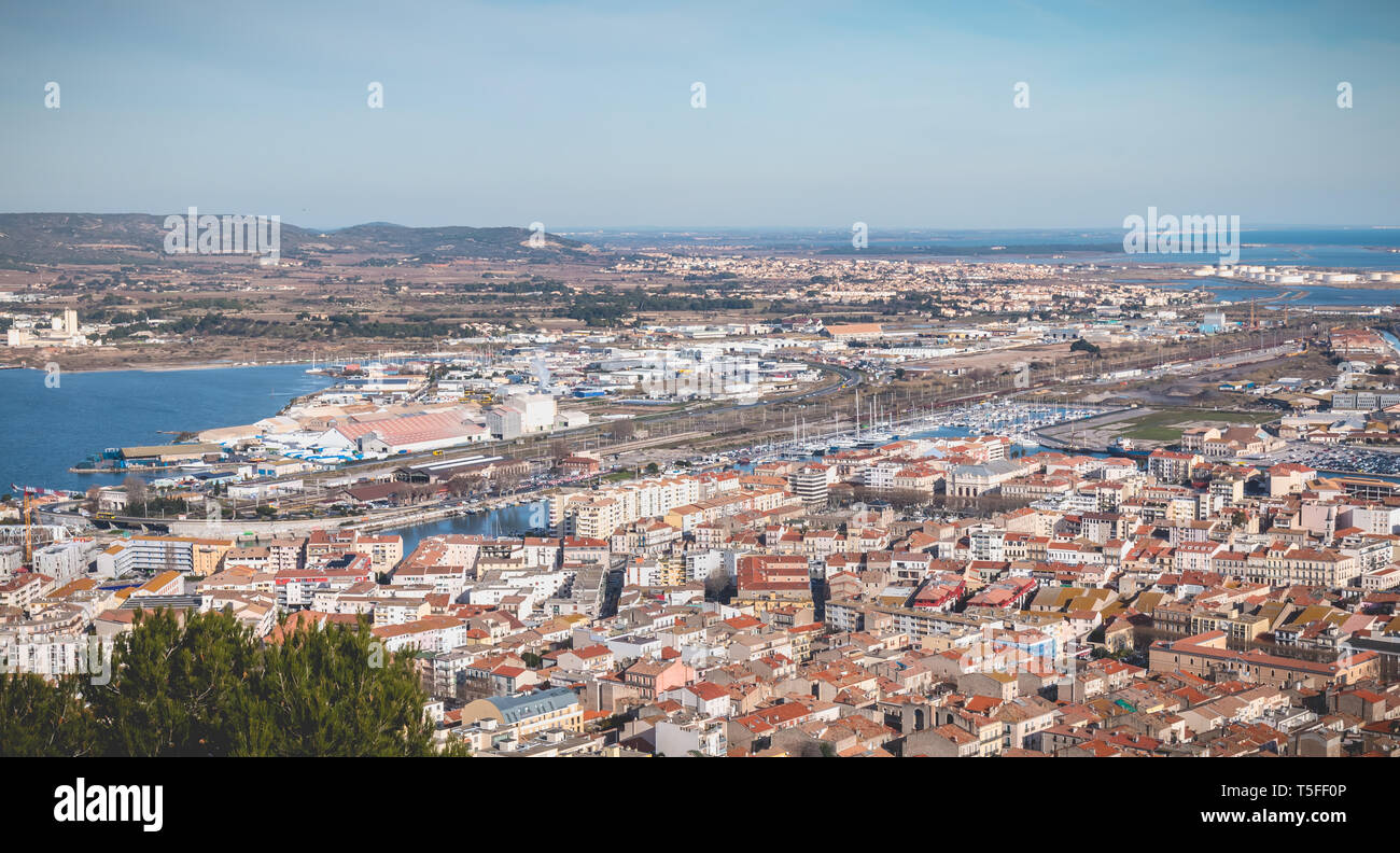 Sete, France - January 4, 2019: Aerial view of historic city center and ...