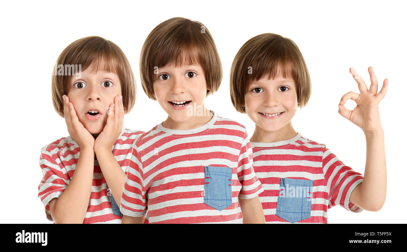 Little boy with different emotions on white background Stock Photo - Alamy