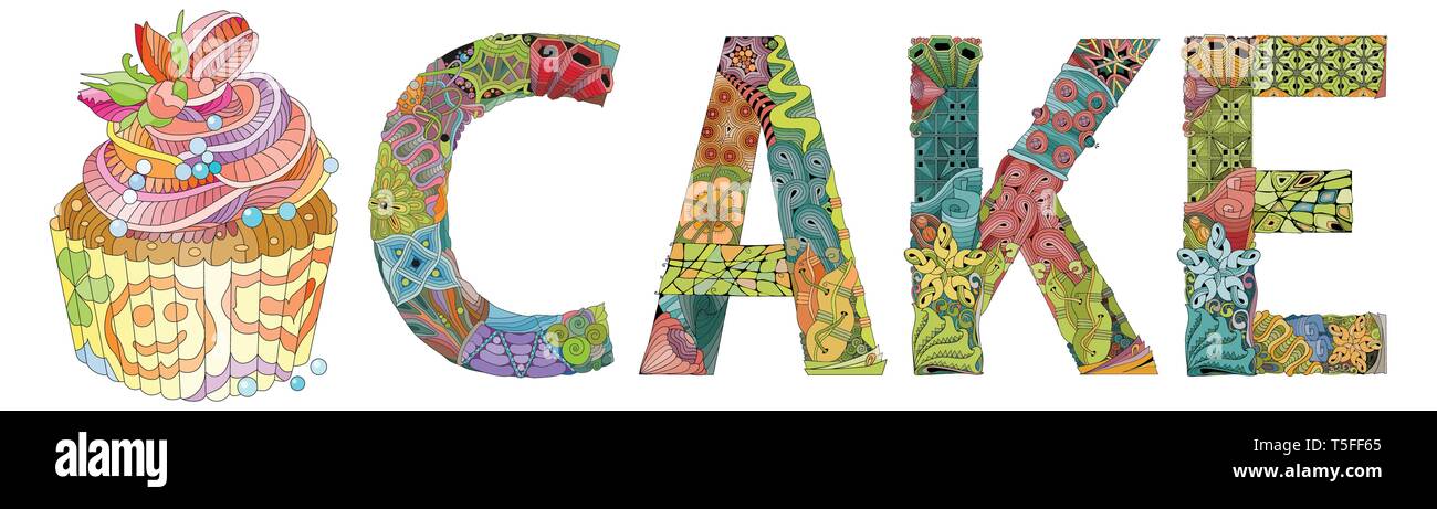 Hand-painted art design. Hand drawn illustration word CAKE with piece ...
