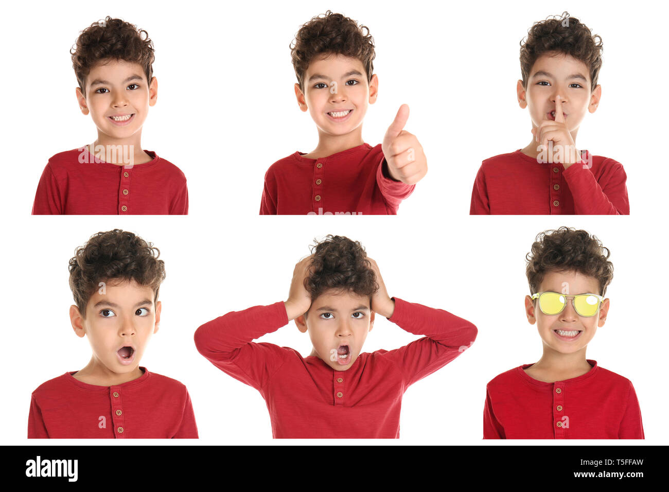 Little boy with different emotions on white background Stock Photo - Alamy