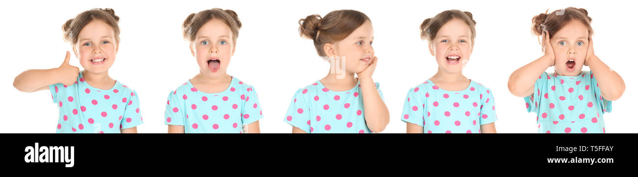 Little girl with different emotions on white background Stock Photo - Alamy