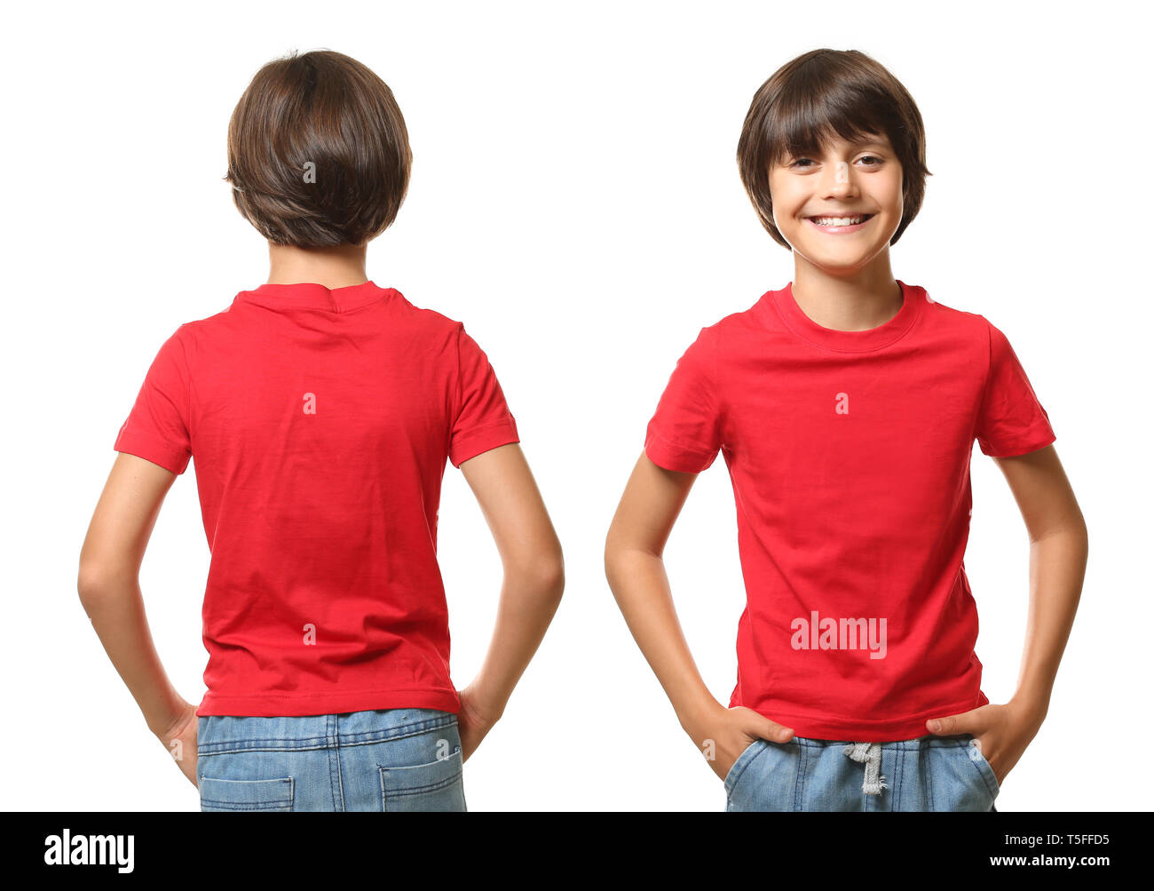 Little boy in t-shirt on white background. Front and back view Stock ...