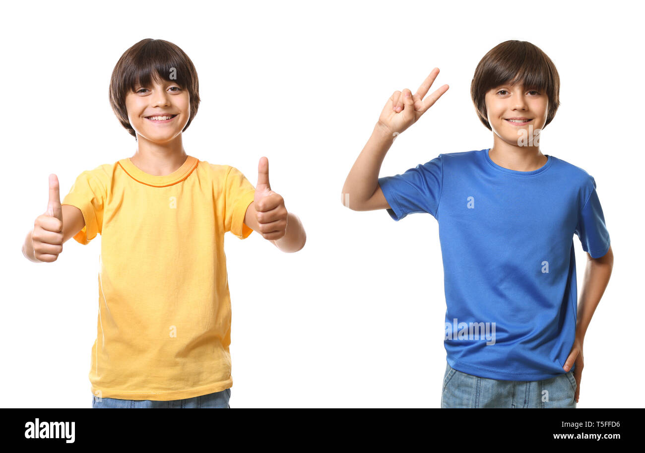 Collage with little boy in t-shirt on white background Stock Photo - Alamy