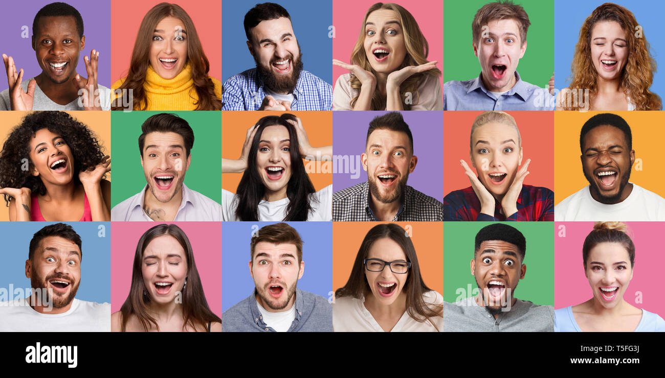 Collage of millennials emotional portraits Stock Photo - Alamy