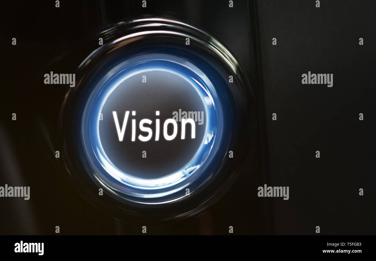 Button Vision pointing the future, blue-lighted on black Stock Photo ...