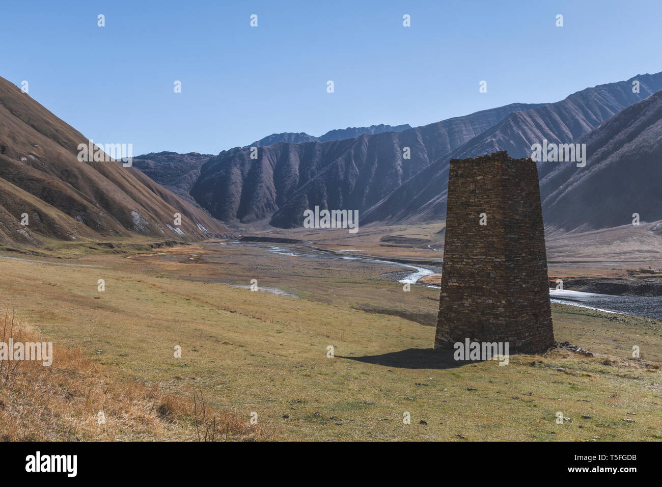 Georgia, Greater Caucasus, Truso Gorge with old defence tower Stock ...