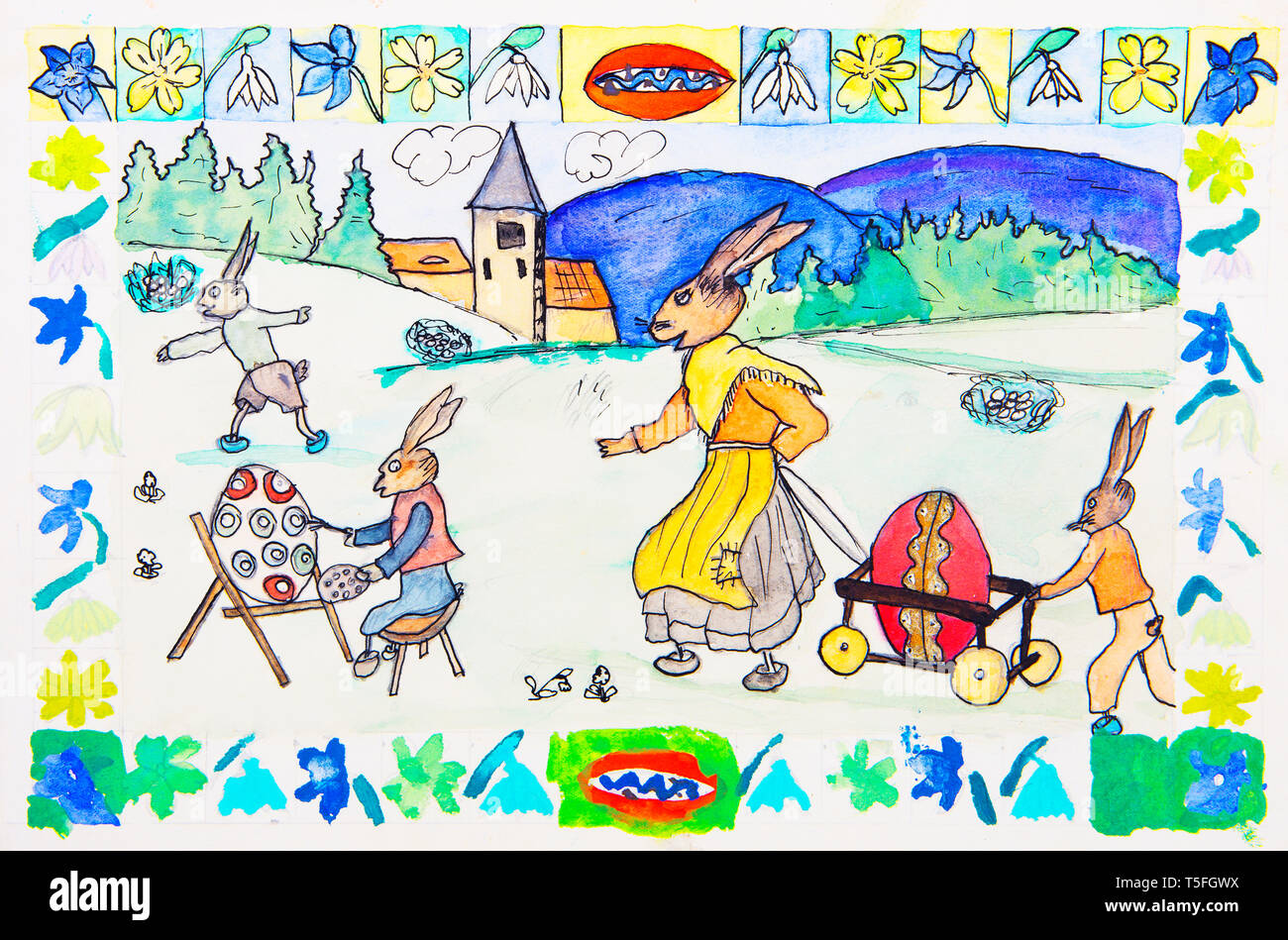 Children's painting of Easter bunnies at work Stock Photo - Alamy