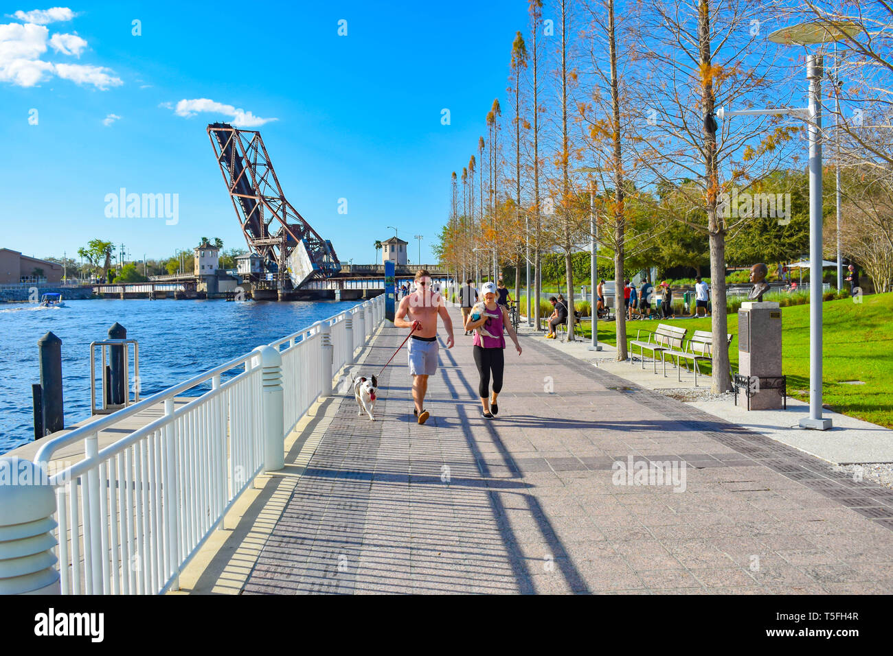 Tampa Bay, Florida. March 02, 2019 People walking at riverwalk in ...