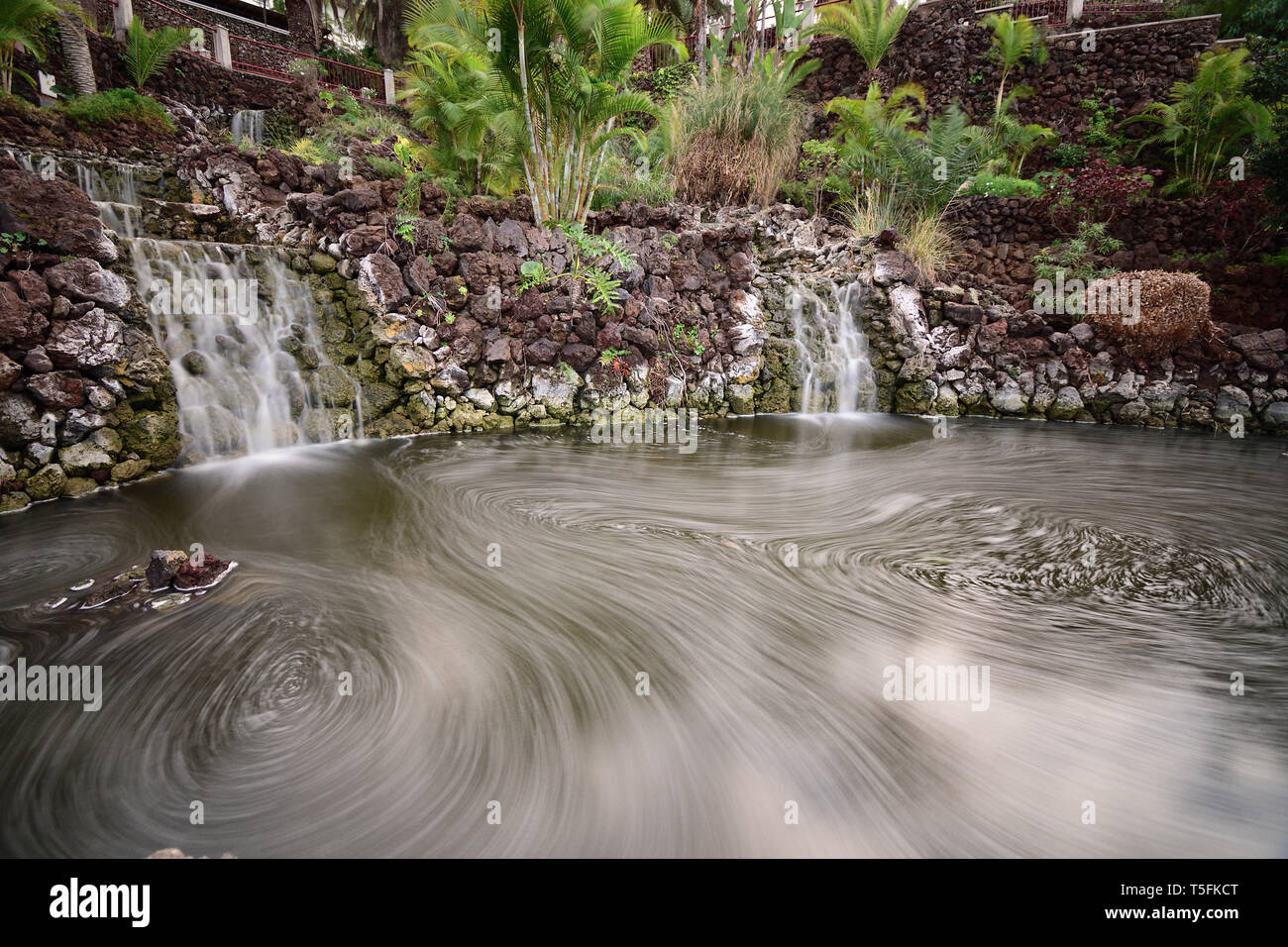 Long exposure of two waterfalls flowing into a pool of water in Parque ...