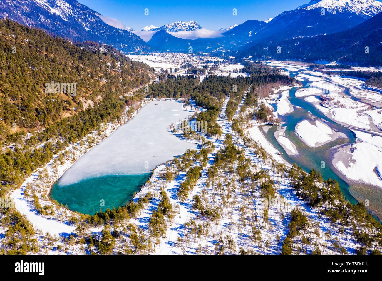 Austria, Tirol, Lech valley, Lech river in winter, aerial image Stock ...