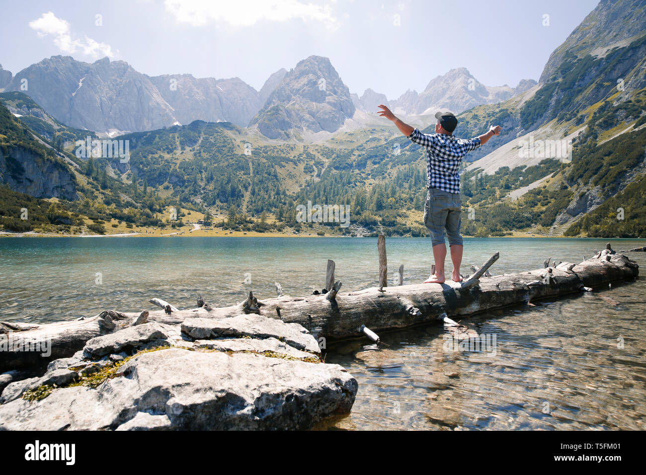 Man standing tree trunk lake seebensee hi-res stock photography and ...