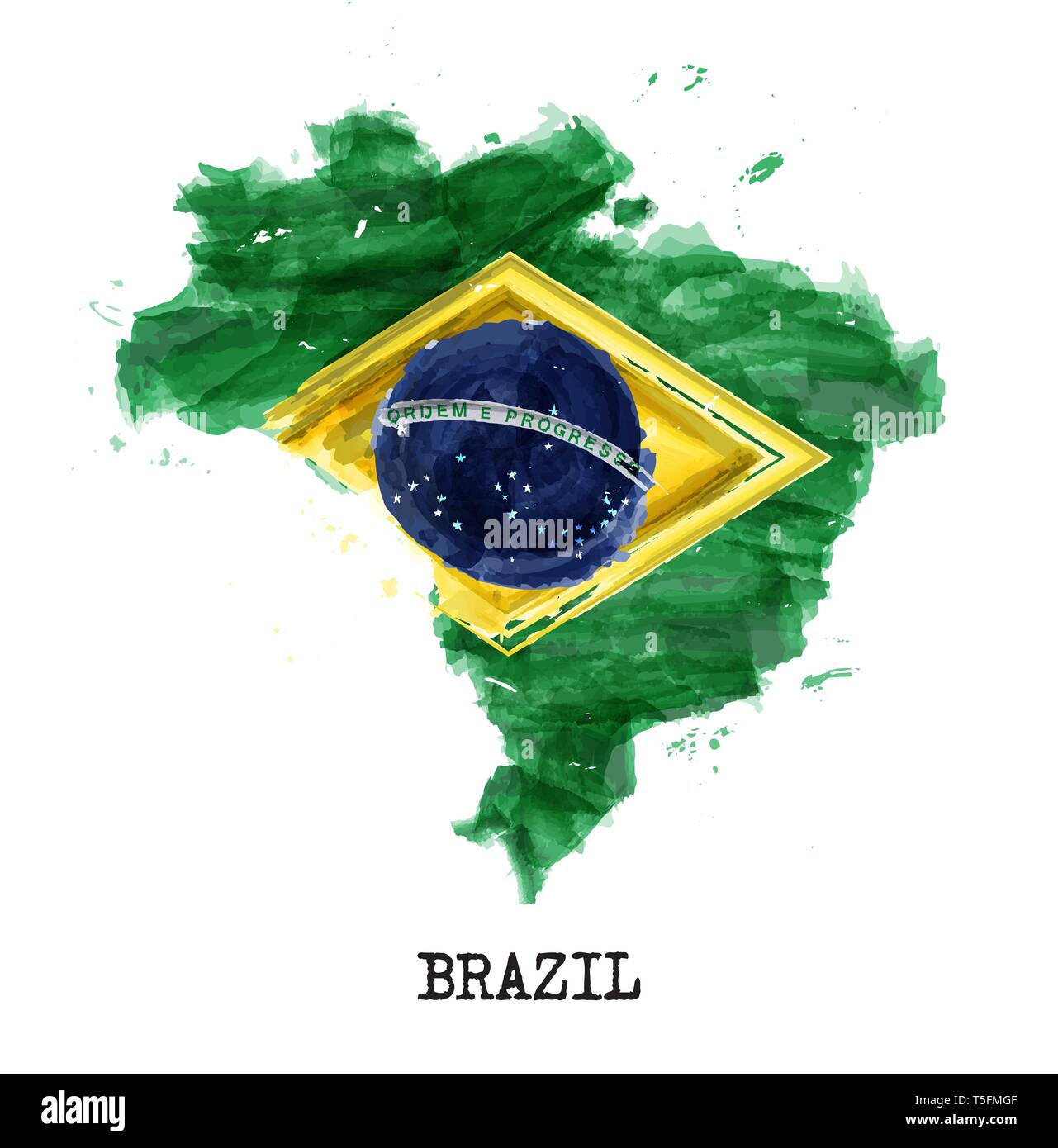 Brazil flag watercolor painting design . Country map shape ...