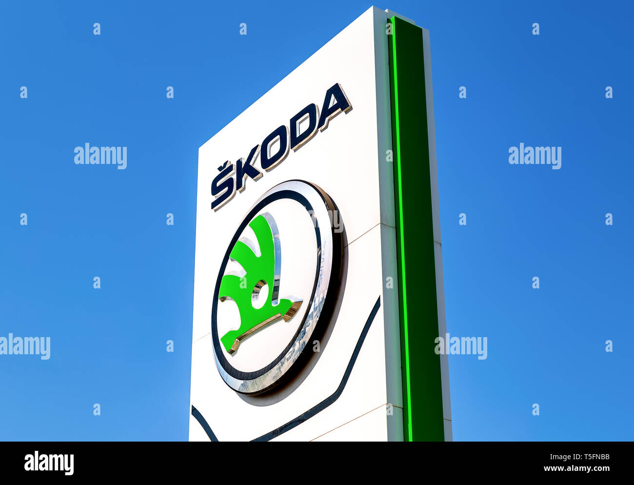Samara, Russia - April 20, 2019: Skoda dealership sign. Skoda Auto is ...