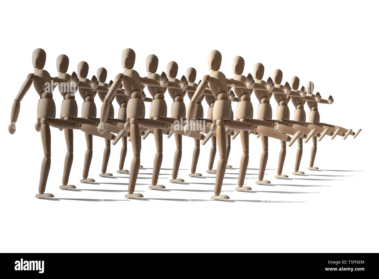 Attack of wooden dummies, manikins, wooden robots march in military ...