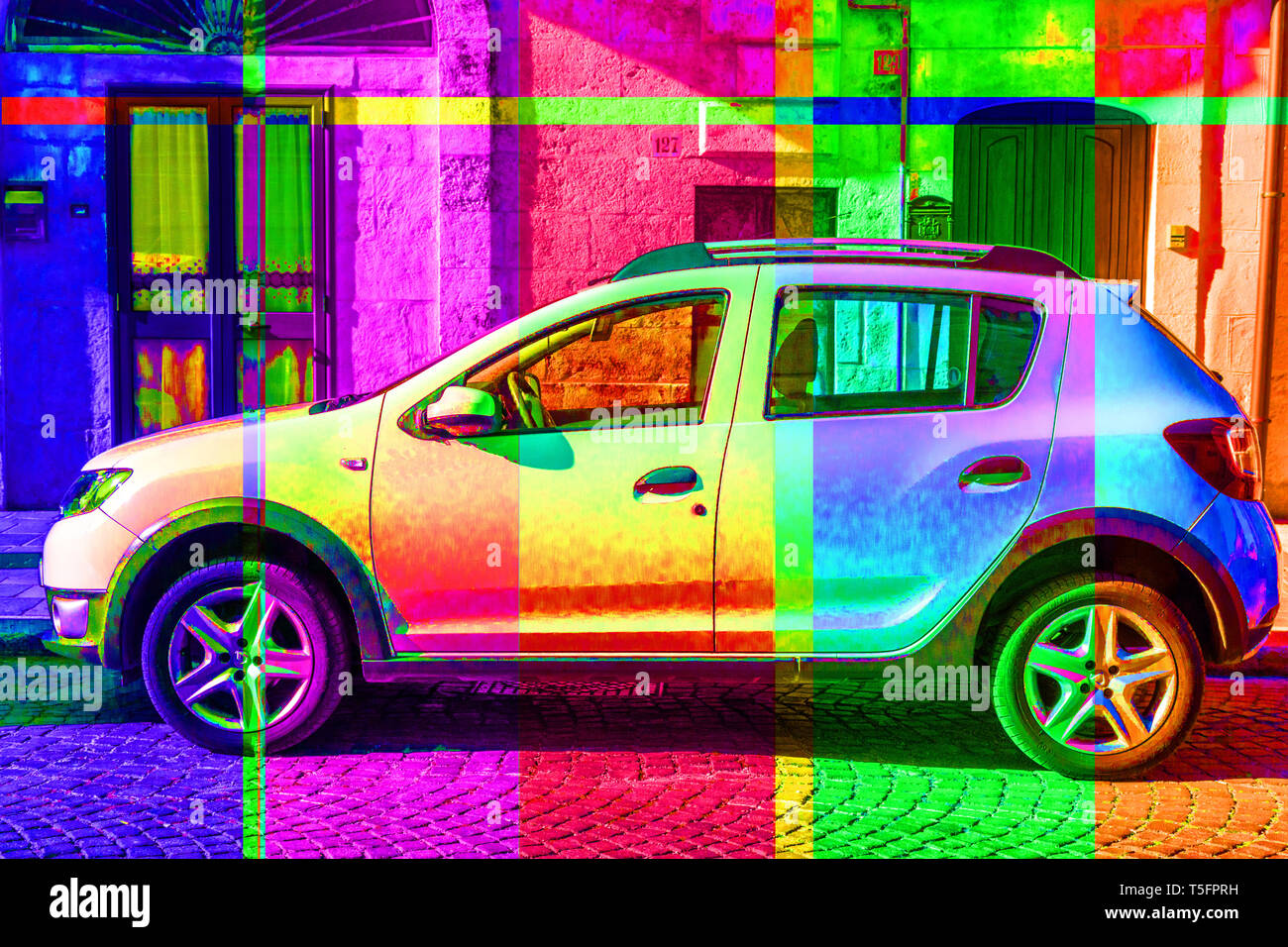 Photo of a modern car elaborated with stripes of hues and color ...