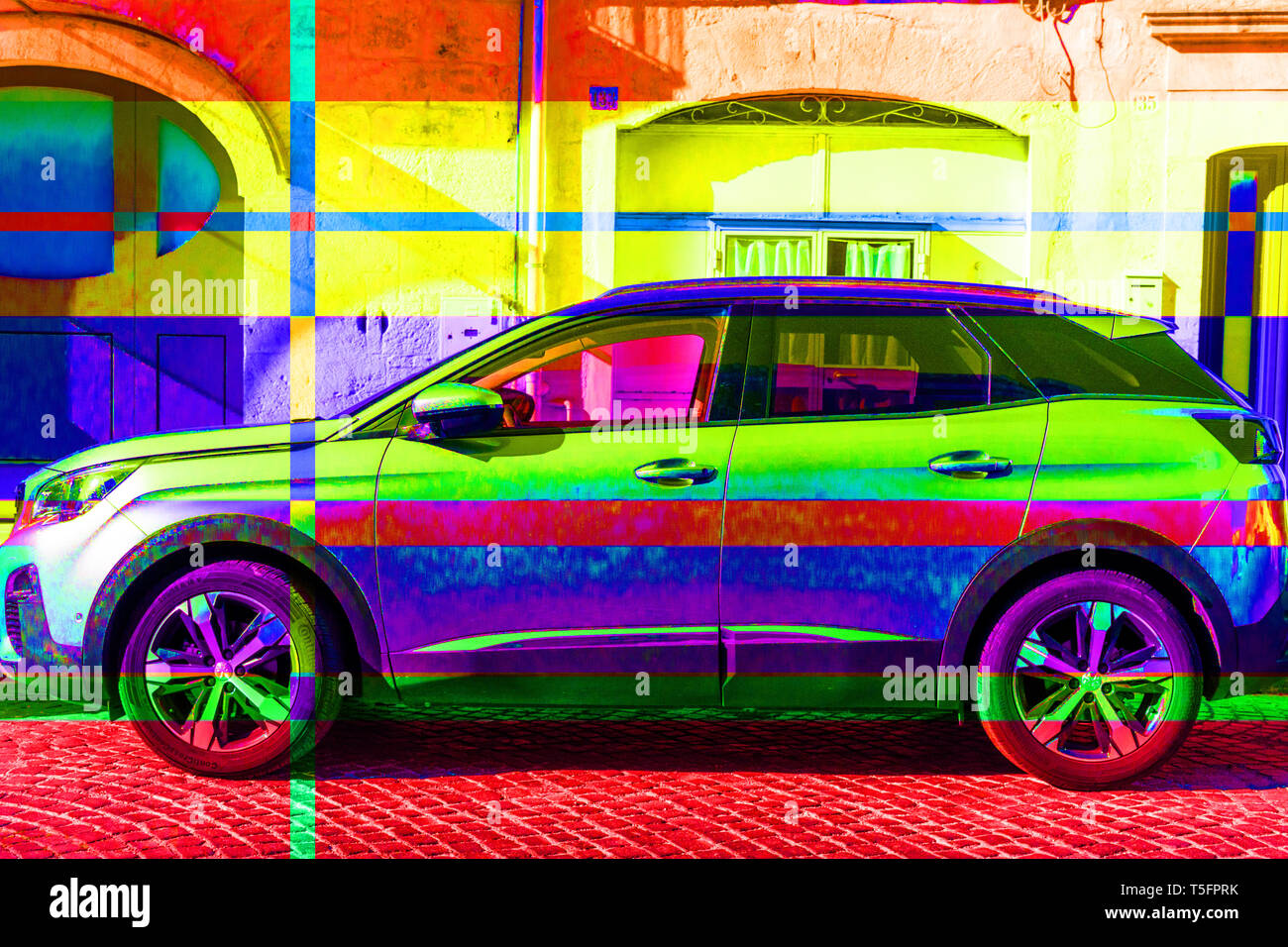 Photo of a modern car elaborated with stripes of hues and color ...