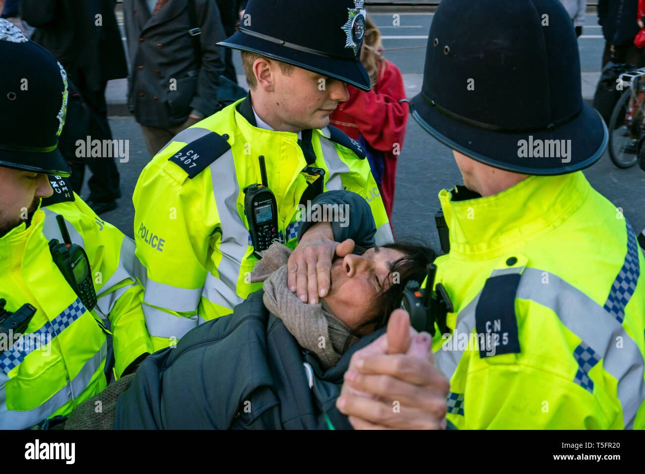 Extinction Rebellion protester arrested on Waterloo Bridge Stock Photo ...