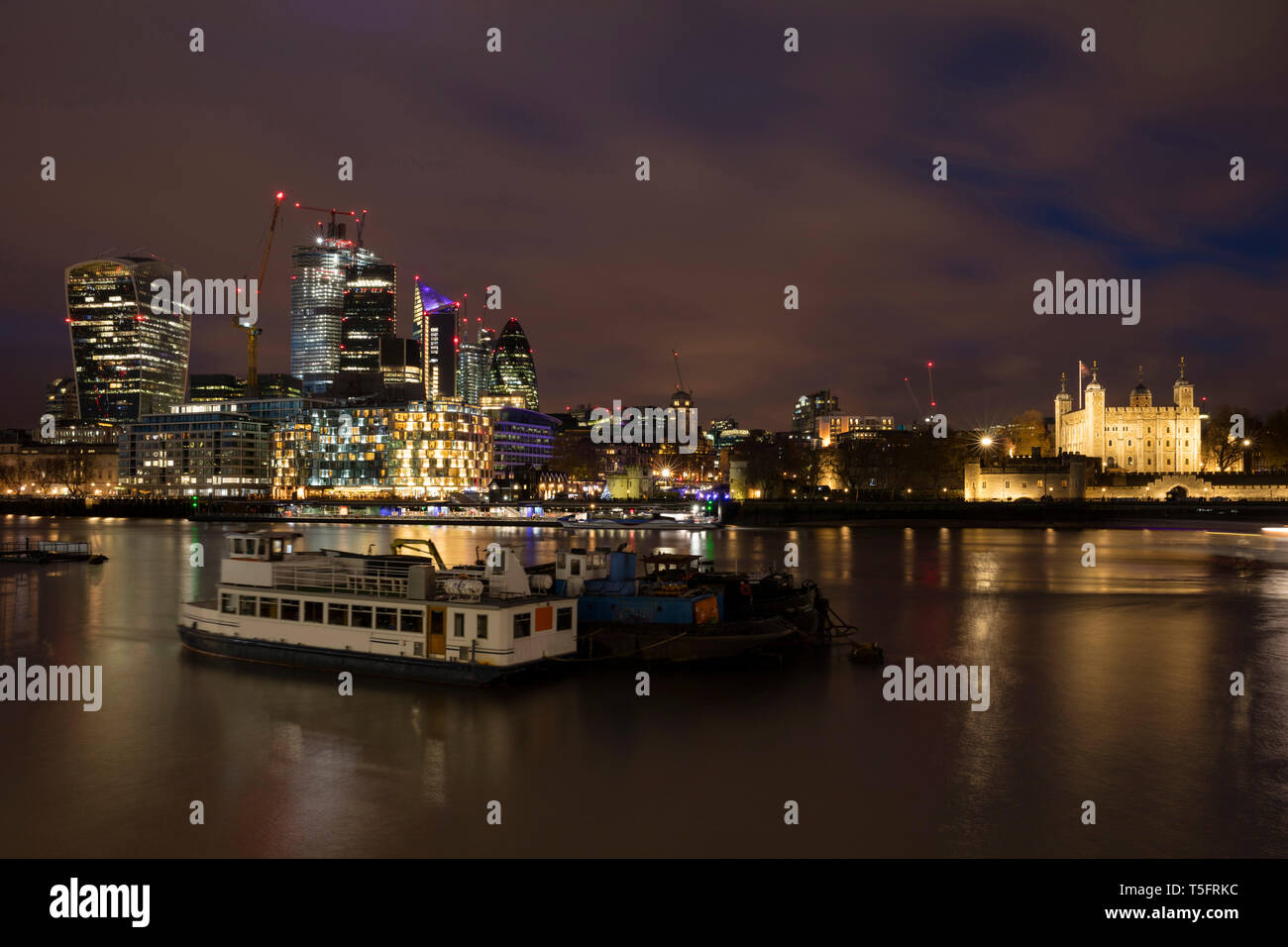 United Kingdom, England, London, River Thames at night, Tower of London ...