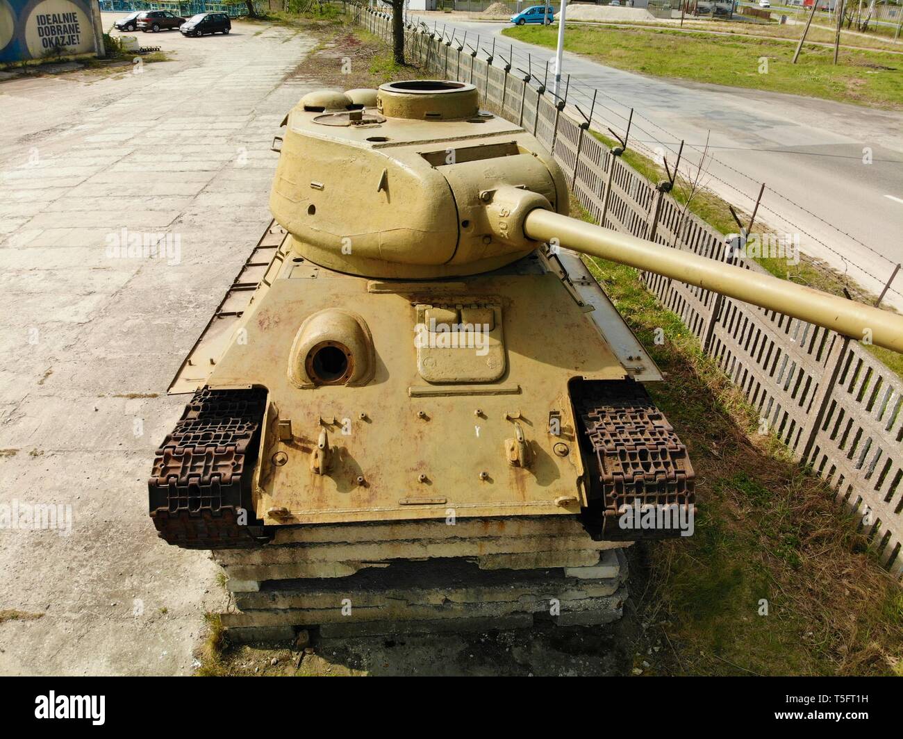 Aerial Image of the historical most popular old T-34 soviet tank. Ussr ...