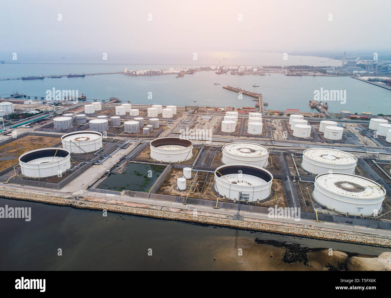 Aerial view or top view oil terminal is industrial facility for storage ...